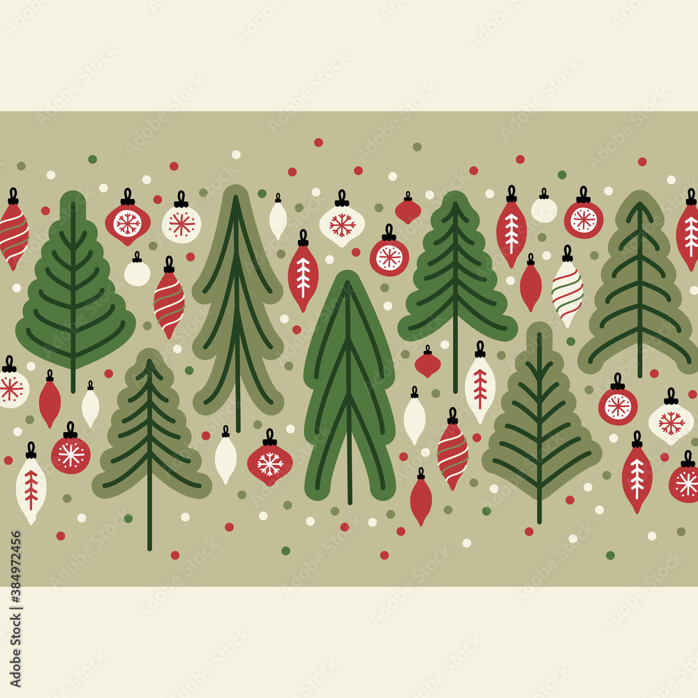 Cute Scandinavian Christmas Tree Market background with fir trees Stock ...