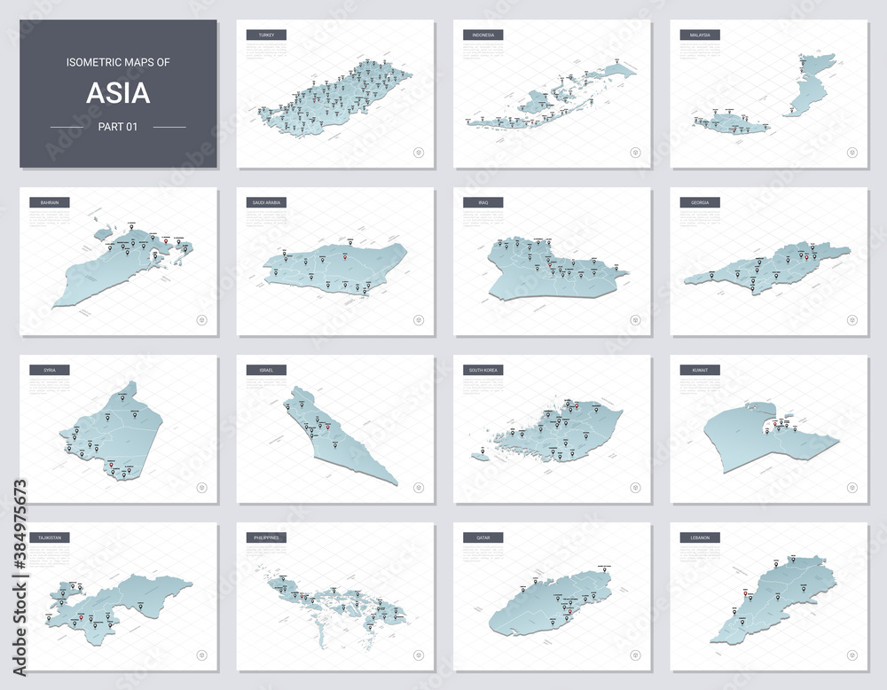 Vector isometric maps set - Asia continent. Maps of Asian countries ...