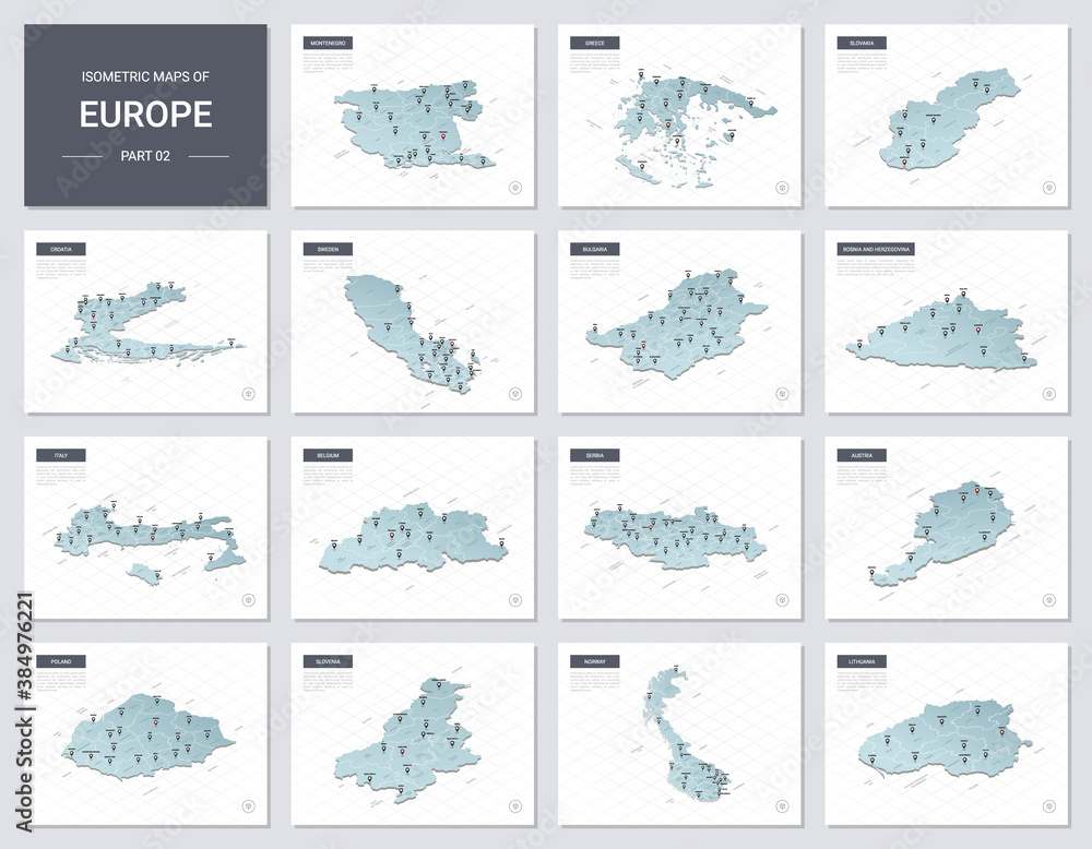 Vector isometric maps set - Europe continent. Maps of European ...
