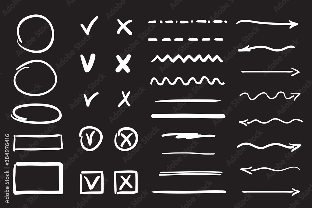 White outline elements on black. Geometric shapes. Hand drawn signs and ...