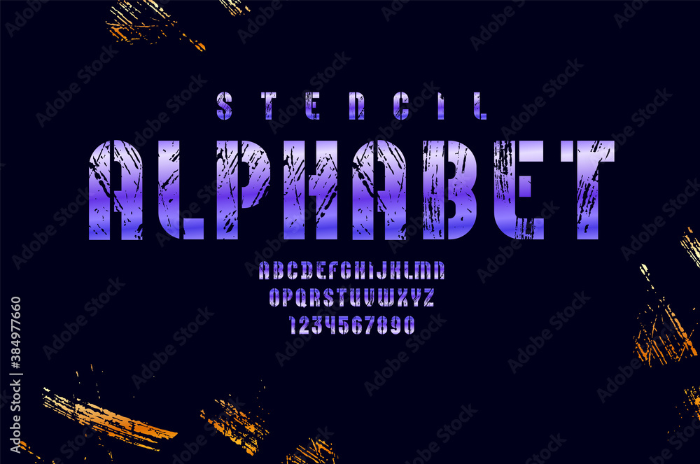 Stencil colored font, condensed bold bright alphabet, modern uppercase ...
