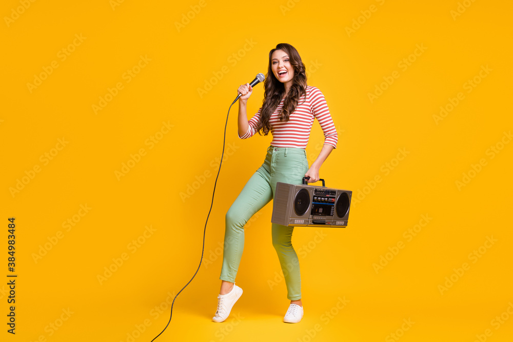 Full length body size photo of female pop star singing song keeping ...