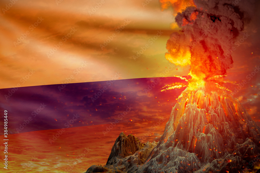 big volcano blast eruption at night with explosion on Colombia flag ...