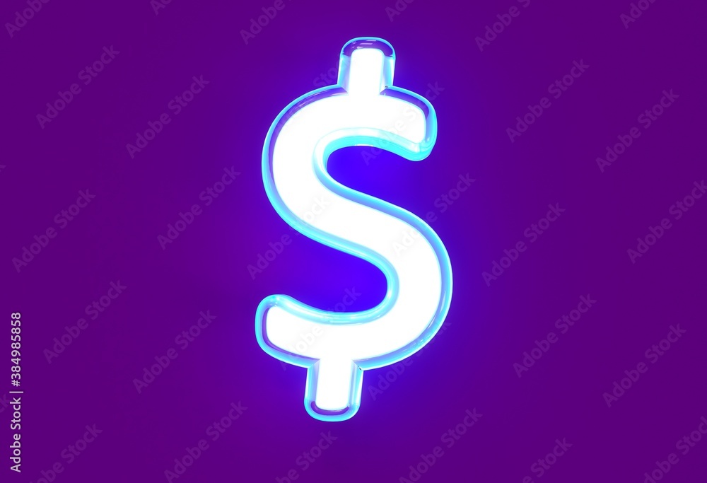 White polished neon light blue glow alphabet - dollar - peso sign ...