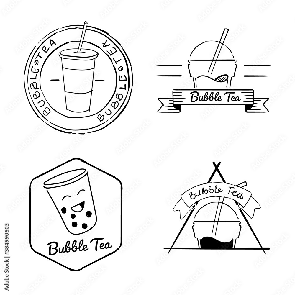 Boba logo set collection template banner hand drawing sketch white ...