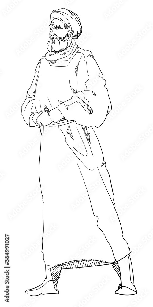 Islamic scholar character men religious leader standing hand drawing ...