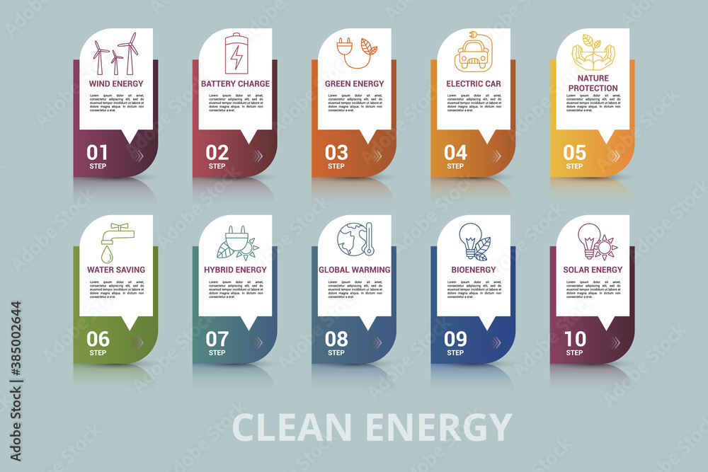 Infographic Clean Energy template. Icons in different colors. Include ...