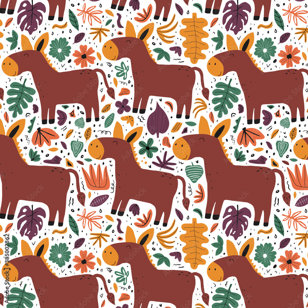 Seamless pattern with cute hand drawn donkey, flowers and leaves ...