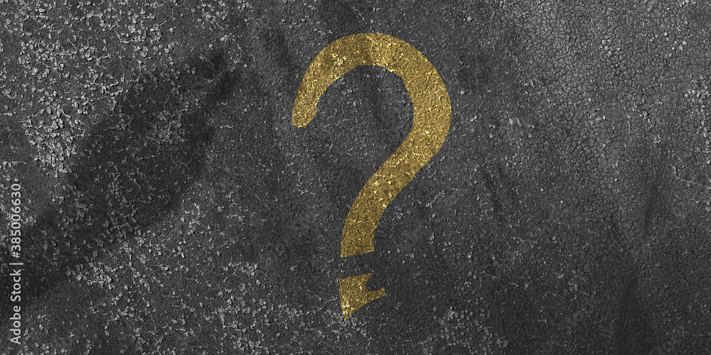 A question mark on a wall background. The shadow of a female hand. Dark ...