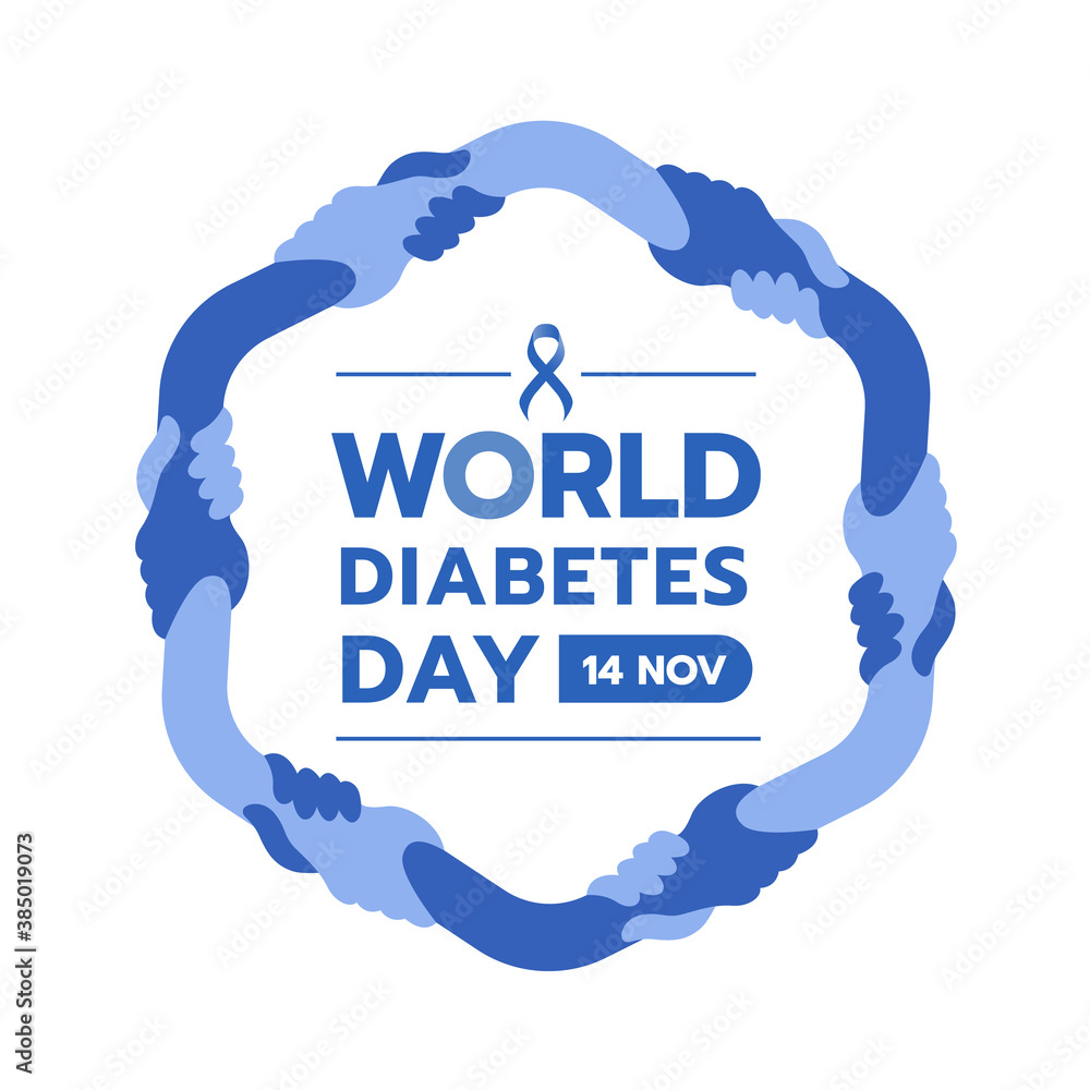 World diabetes day text and blue ribbon sign in hand hold hand around ...