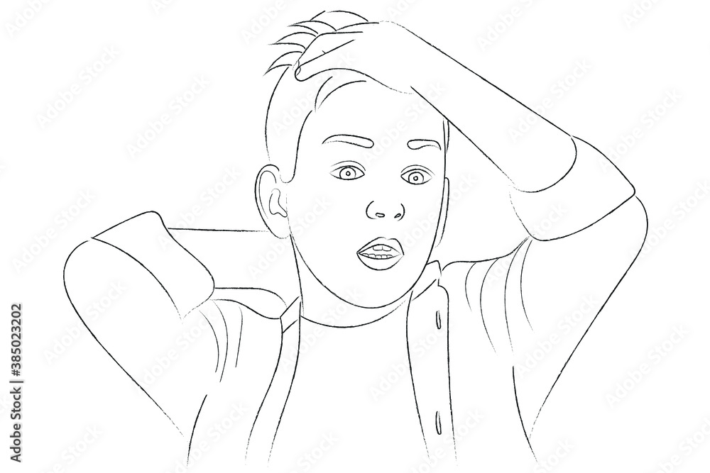 Sketch portrait of a surprised boy who put one hand on his head Stock ...