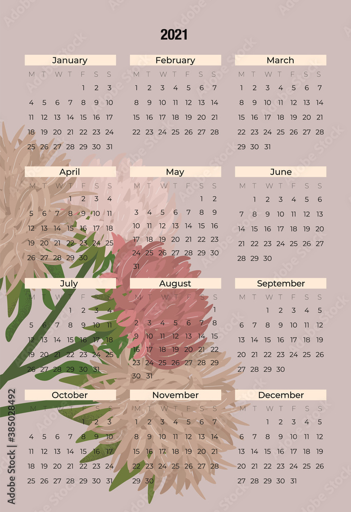 Laconic modern vector pink calendar for 2021 with dusty pink asters ...