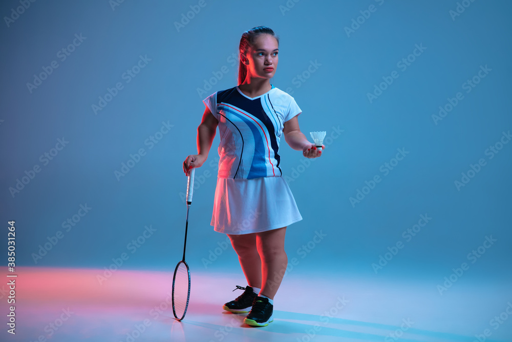 Leader Beautiful Dwarf Woman Practicing In Badminton Isolated On Blue