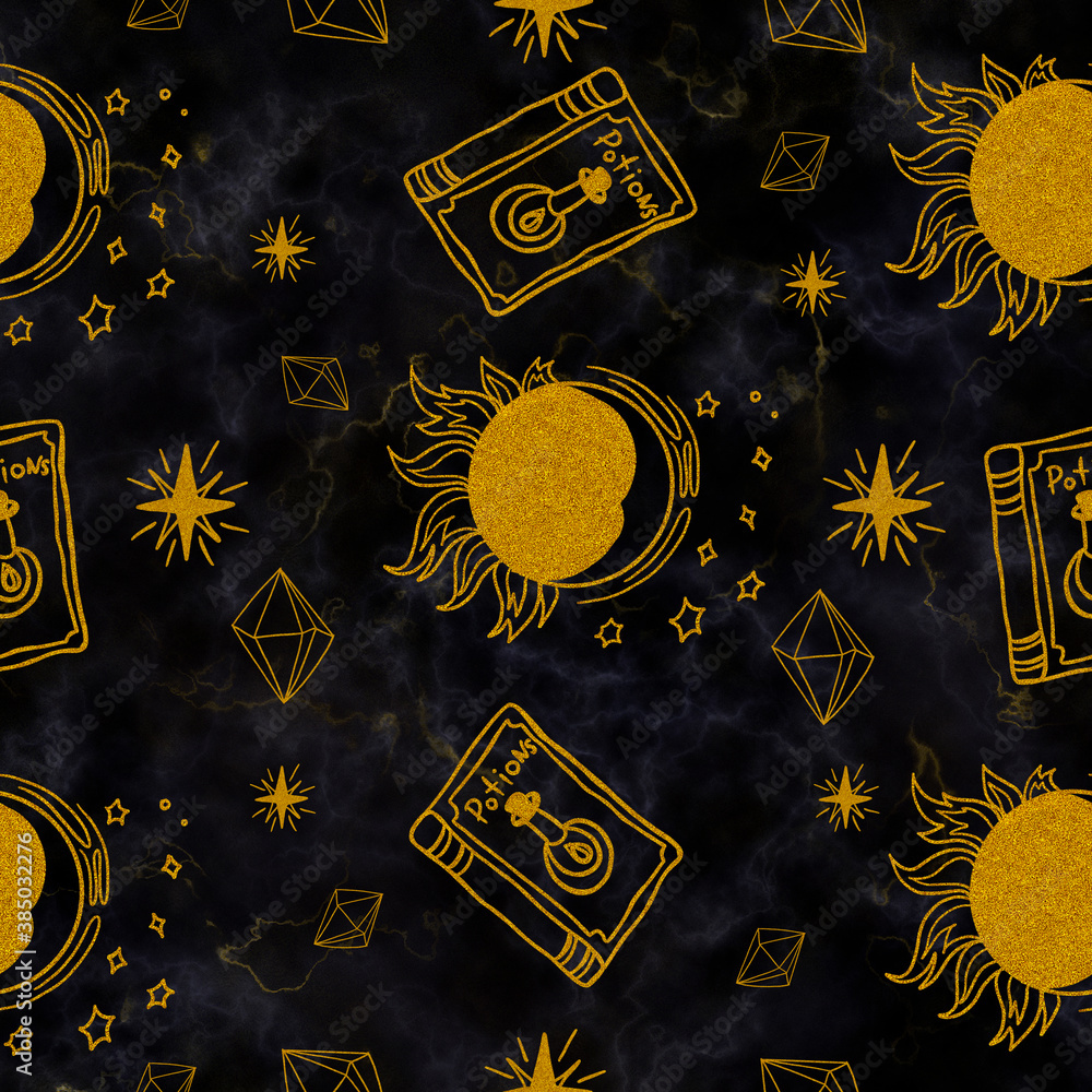 Witchcraft golden symbols seamless pattern. Hand drawn magical, zodiac ...