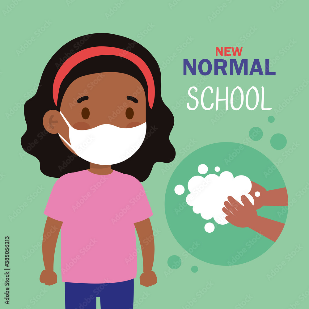 New normal school of black girl kid with mask and hands washing design ...