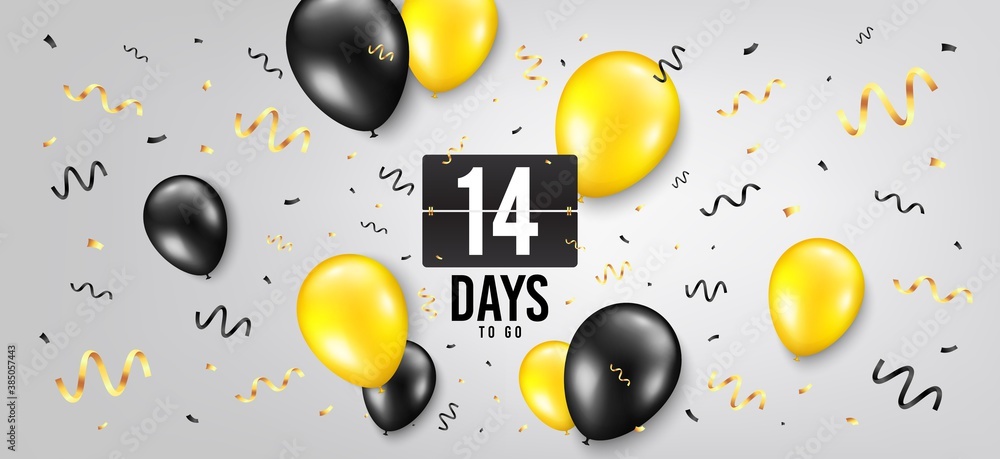 Fourteen days left icon. Countdown scoreboard timer. Balloon confetti ...