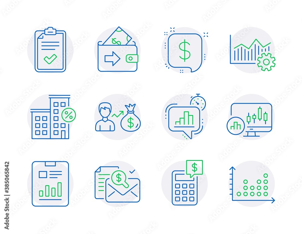 Finance icons set. Included icon as Calculator, Report document, Checklist signs. Statistics ...