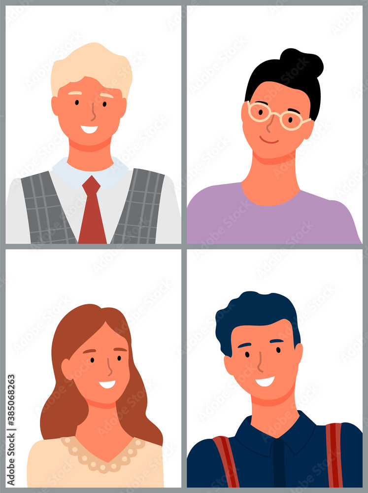 Set of cartoon people, portrait view. Vector male and female characters ...