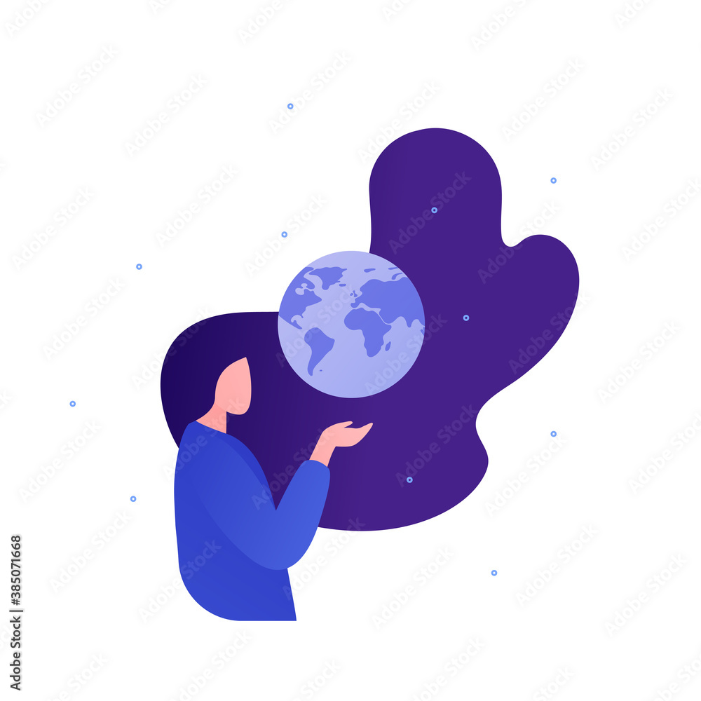 World awareness concept. Vector flat people illustration. Woman hold in ...