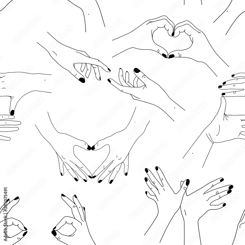 Hand gestures seamless pattern. Black white human hands digital paper ...