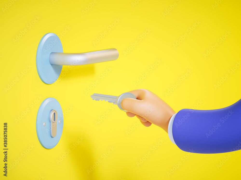 3d render, cartoon character hand holds the key, trying to open the ...
