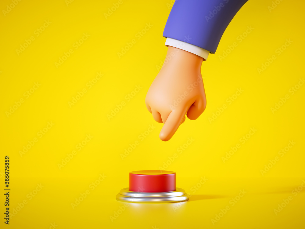 3d render, cartoon hand in blue sleeve is going to press the big red ...