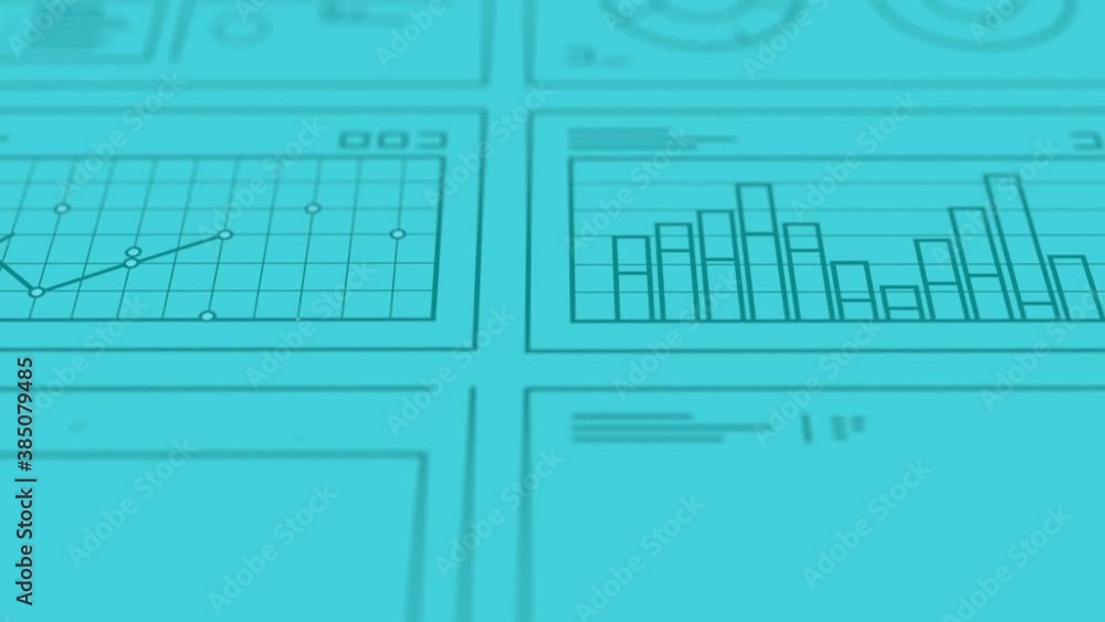Slowly appearing of line graphs with falling and rising сurves, pie ...
