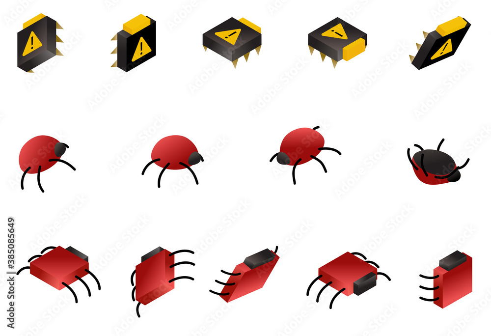 Computer bug isometric icon set isolated on white. Symbols of digital ...