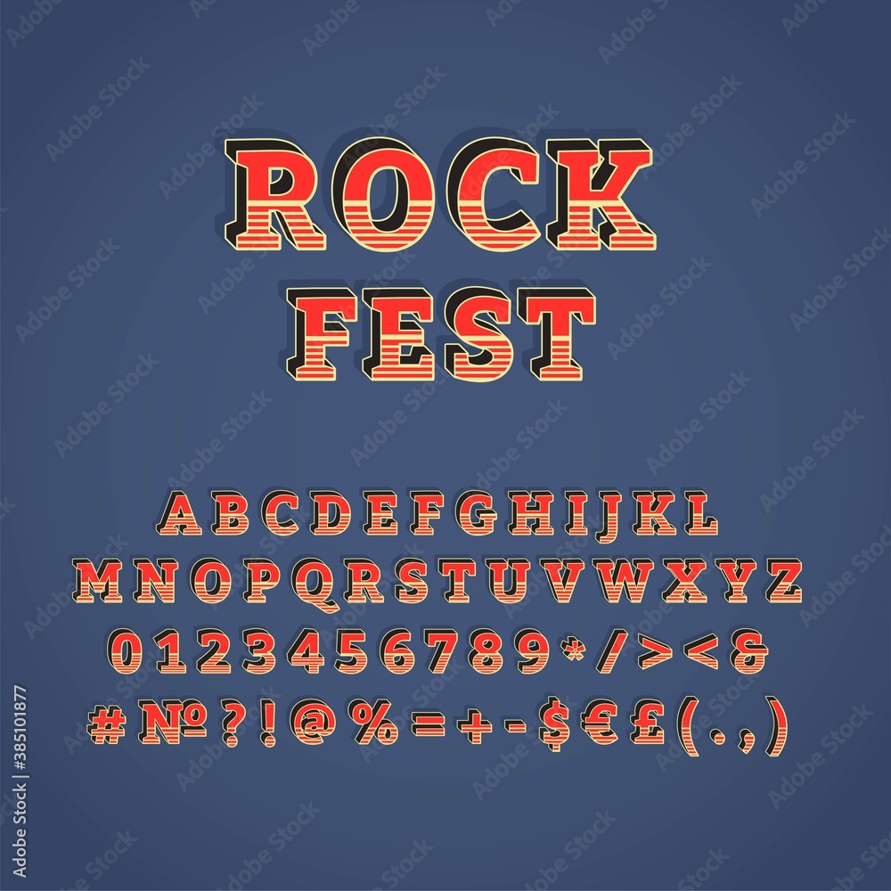 Rock fest vintage 3d vector alphabet set. Retro bold font, typeface ...