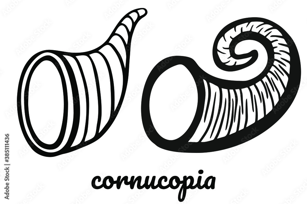 Cornucopia line set, Horn of Plenty vector sketch symbol isolated on ...