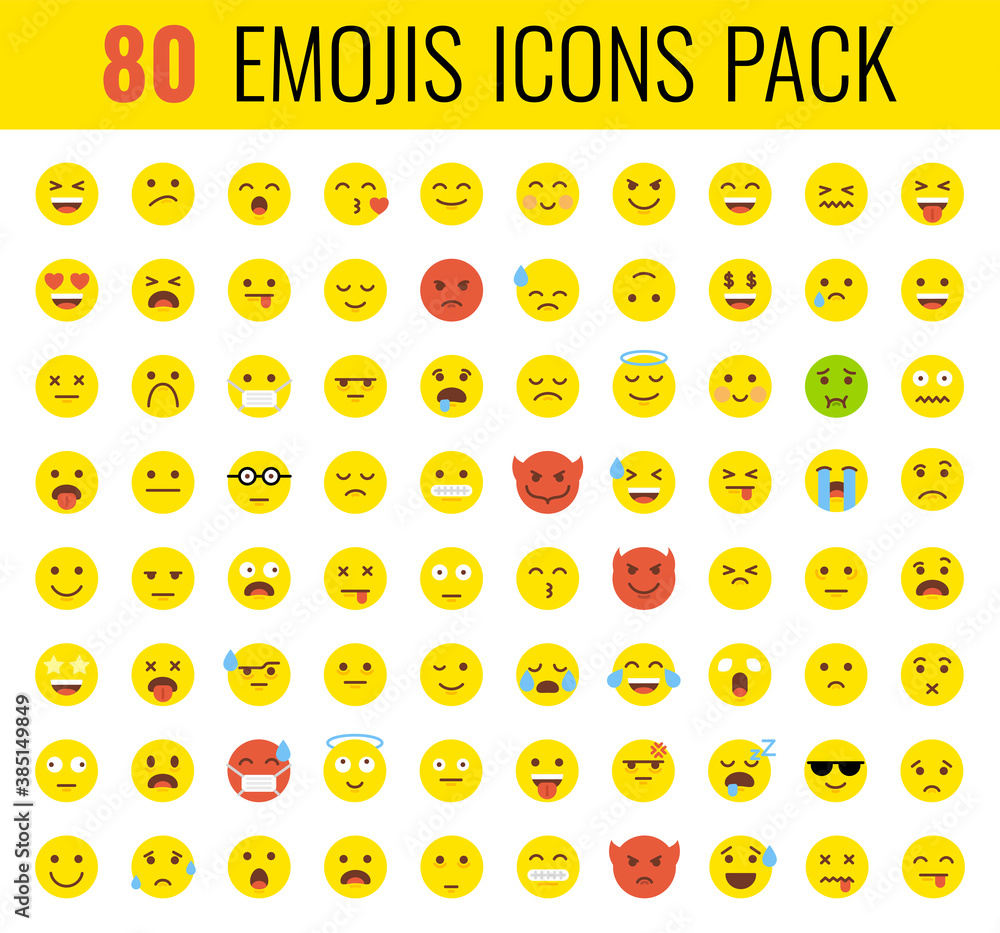 Big Set Of 80 Emoticon Smile Icons Cartoon Emoji Set Vector Emoticon