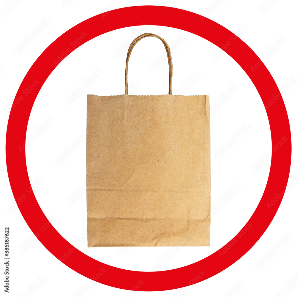 one recycled brown paper bag in red circle sign isolated on white ...