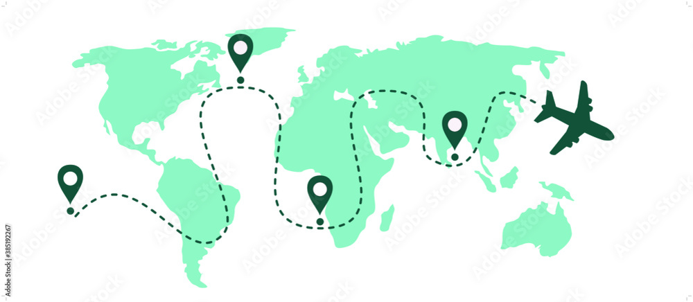 The route of the aircraft. Flight trips that are routed with pins ...