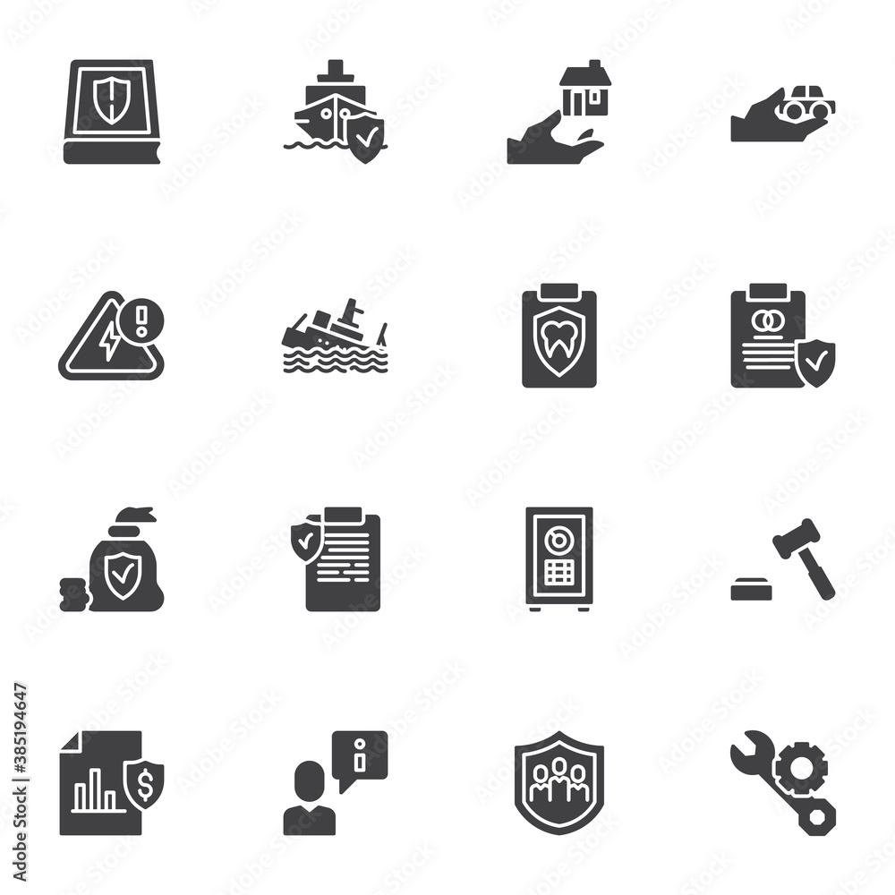 Insurance types vector icons set, modern solid symbol collection ...