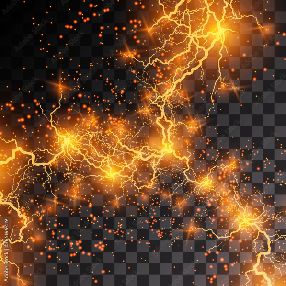 Lightning flash light thunder sparks on a transparent background.Fire ...
