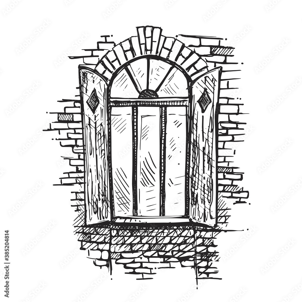 Hand drawn sketch black and white of vintage window. Vector ...