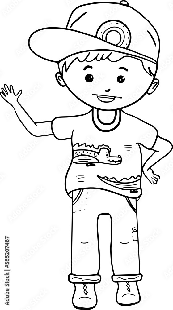 Funny cartoon little boy wearing a cap, waving his hand in greeting ...