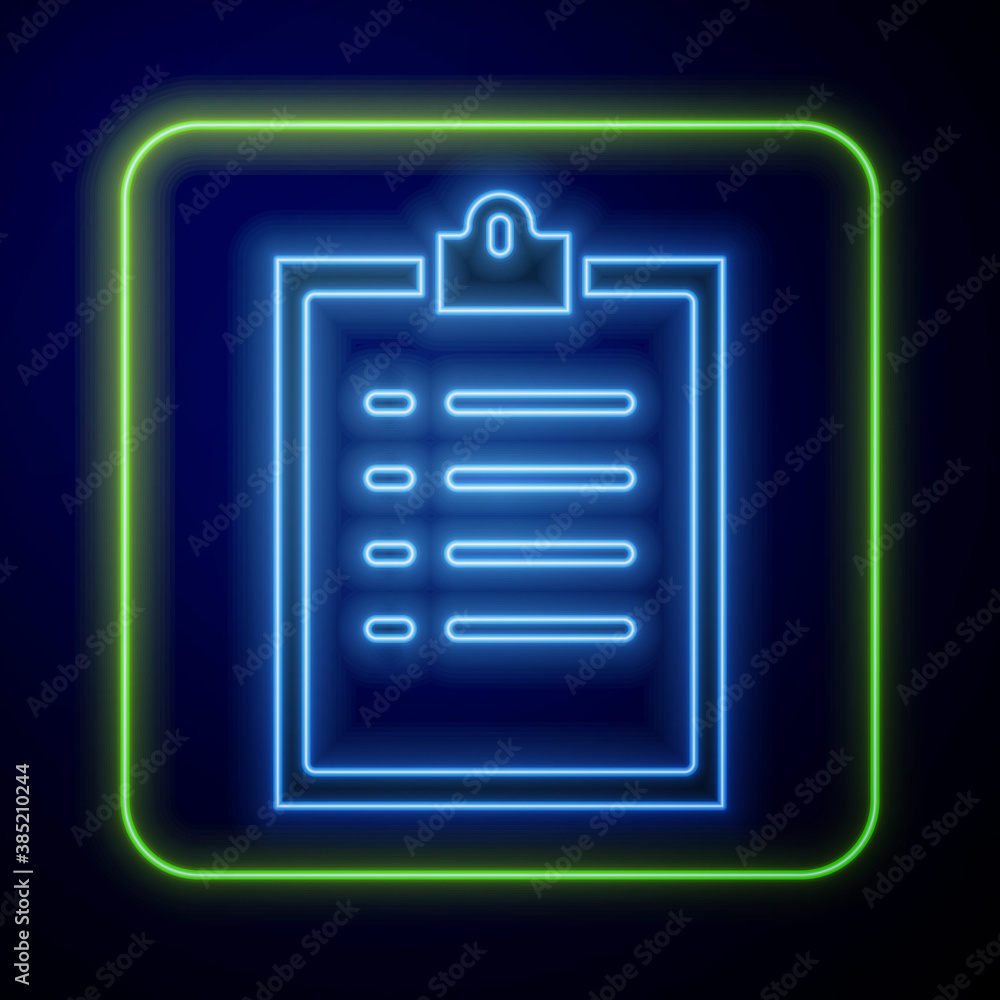 Glowing neon Clipboard with checklist icon isolated on blue background ...