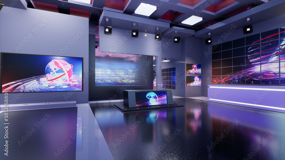 3D Virtual TV Studio News, 3d illustration Stock Illustration | Adobe Stock