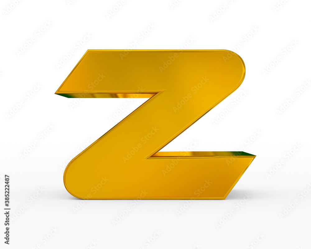 Letter Z - golden futuristic 3d font standing isolated on white ...