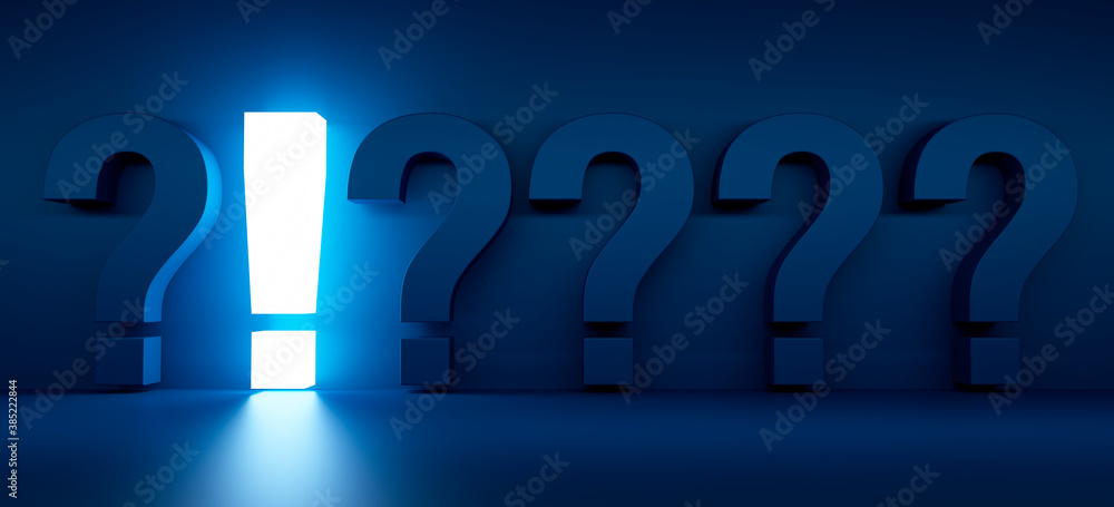 Row of black question mark symbols with luminous exclamation mark ...