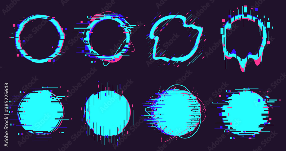 Vetor de Glitch round frames. Circle distortion noise defect elements ...