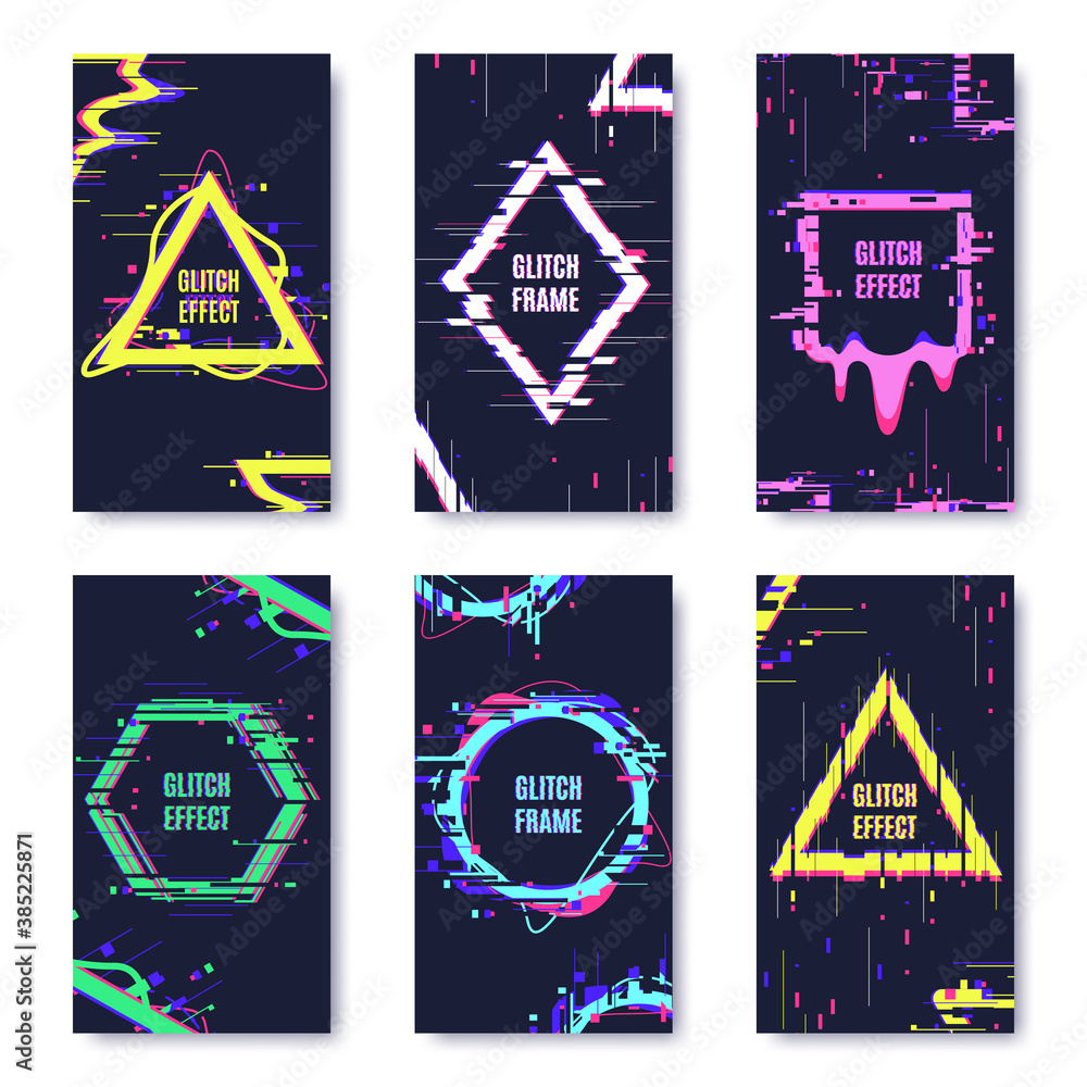 Glitch damage cards. Noise defect distortion frame posters, abstract no ...