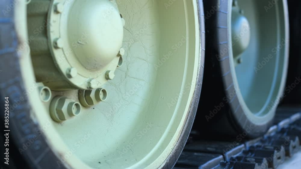 Battle tank track wheels. Close-up detail of a war tank. Stock ビデオ ...