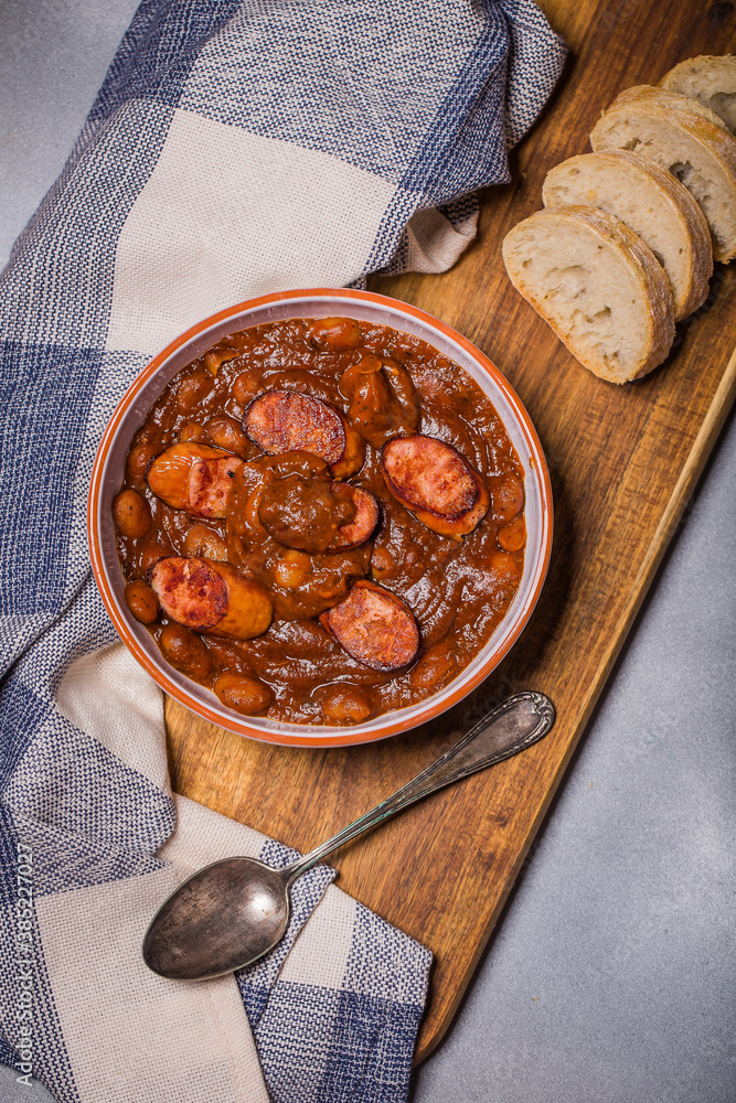 Polish breton beans with bacon, smoked sausages and onion, famous ...