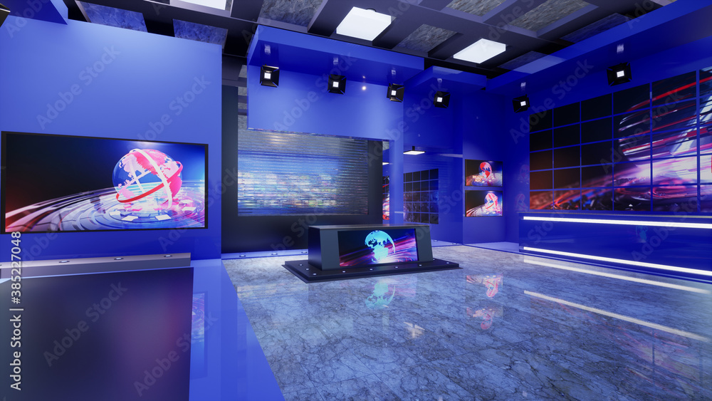 3D Virtual TV Studio News With blue walls, 3d illustration Stock ...