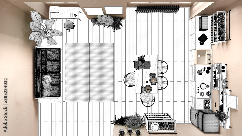 Blueprint project draft, sketch of modern kitchen, living room with ...