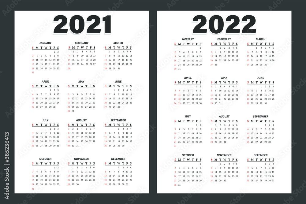 Calendar 2021 - 2022 - vector illustrations. The week starts on Sunday ...