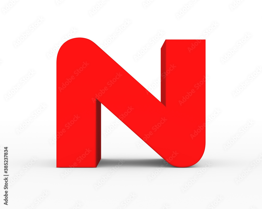 Letter N - red futuristic 3d font standing isolated on white background ...