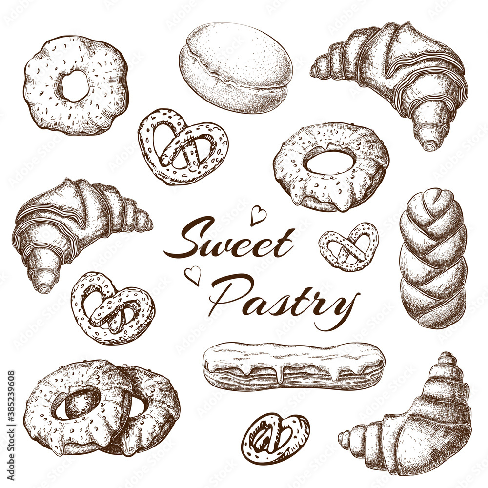 Hand drawn baked products on white background. pastry vector ...